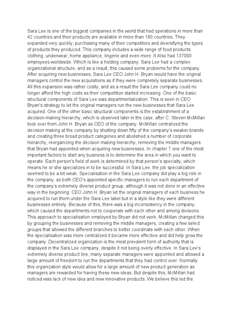 Sara Lee Case Study | PDF | Decision Making | Business Economics Sara Lee Case Study | PDF | Decision Making | Business Economics
