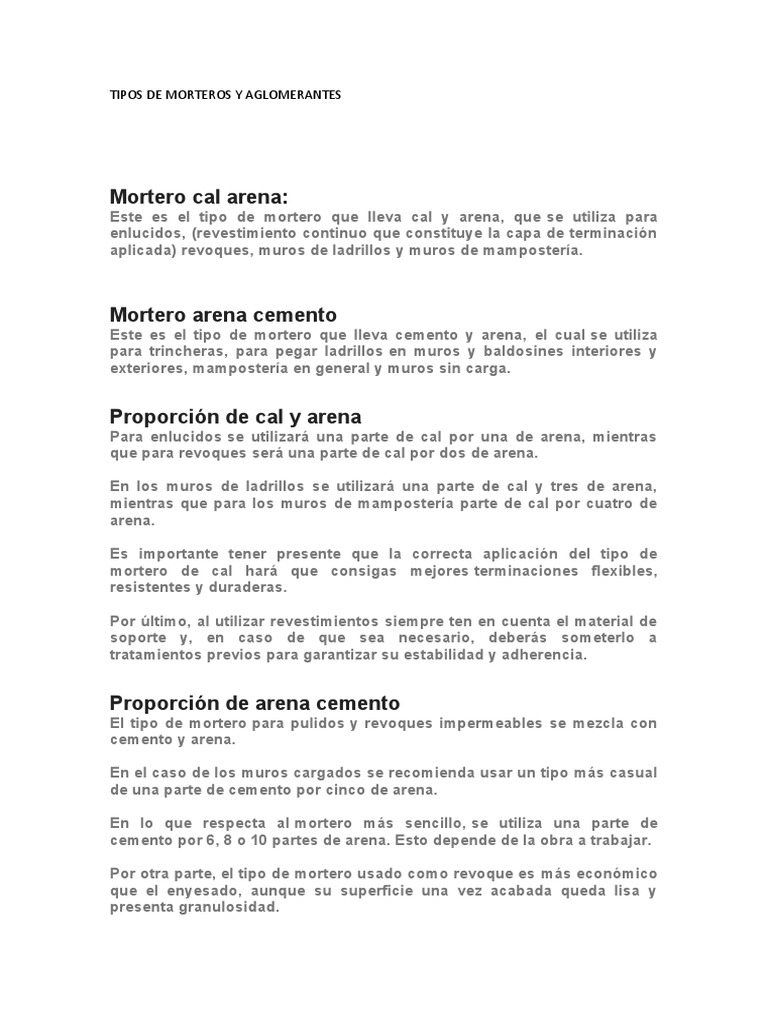 Tipos de Morteros y Aglomerantes | PDF | Yeso | Mortero (Albañilería)