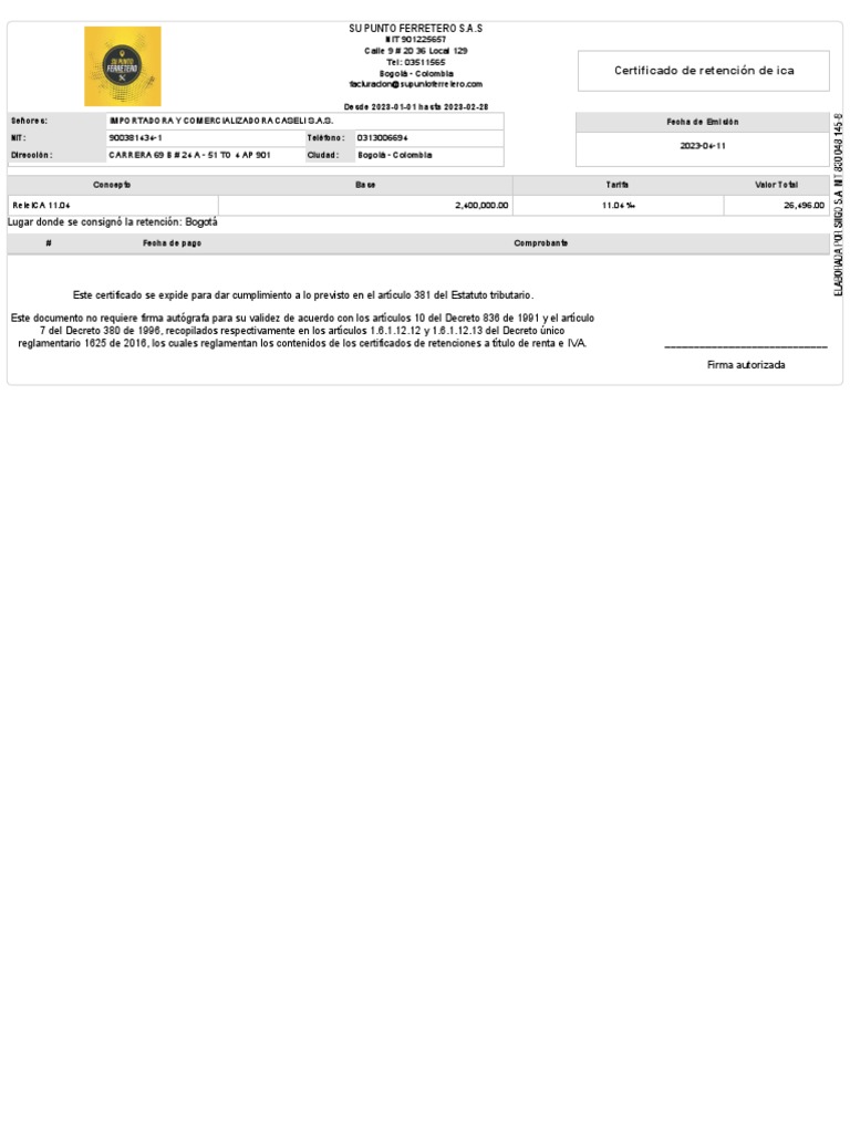 Certificado Retencion ReteICA 900381434-1 | PDF