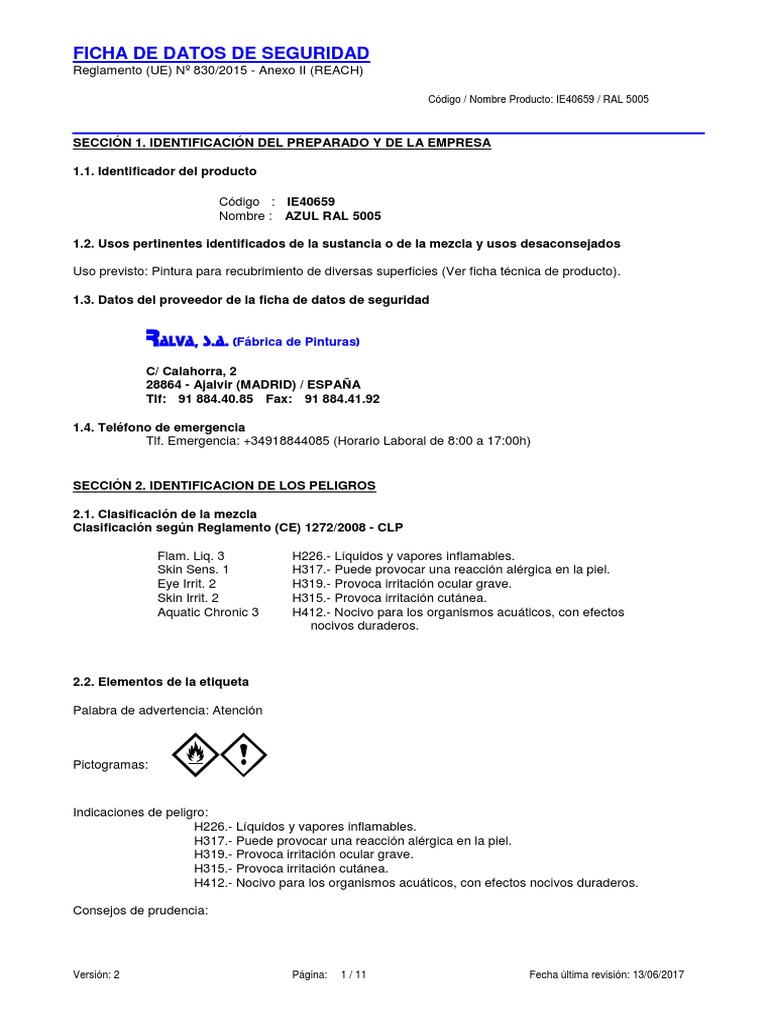 Ficha Seguridad IE40659 Pintura Azul Ral 5005 | PDF | Toxicidad | Solvente