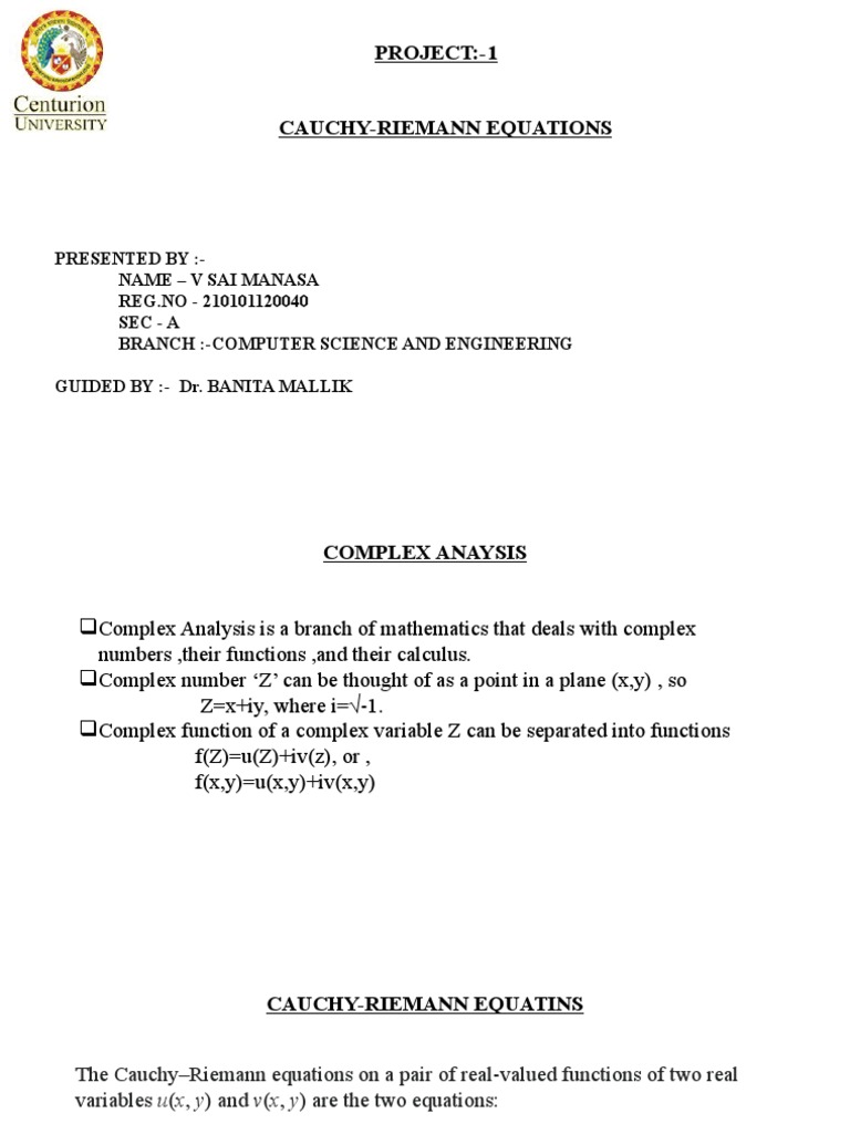 Project:-1 Cauchy-Riemann Equations | PDF