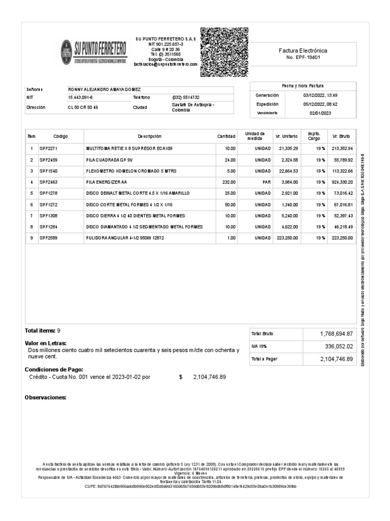Factura de Su Punto Ferretero S.A.S | PDF