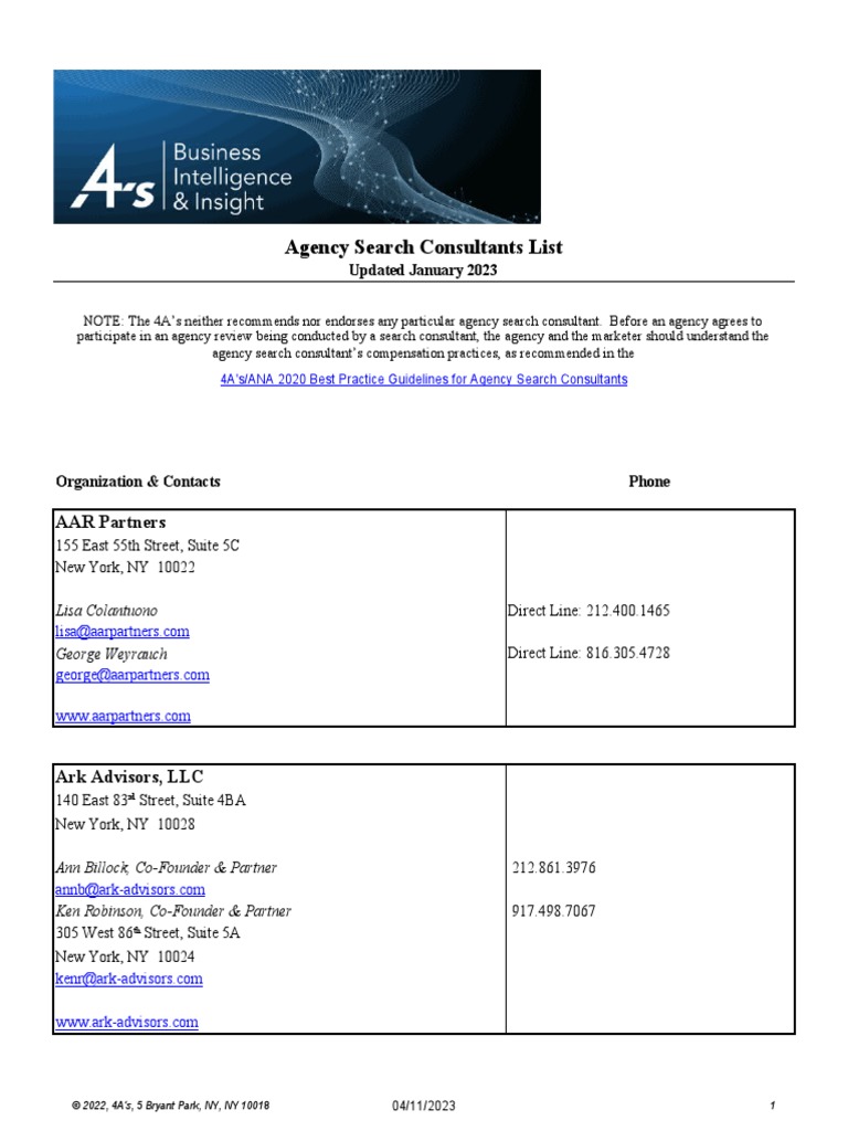 2023 4as Agency Search Consultant List 01 2023 | PDF | Business | Employment