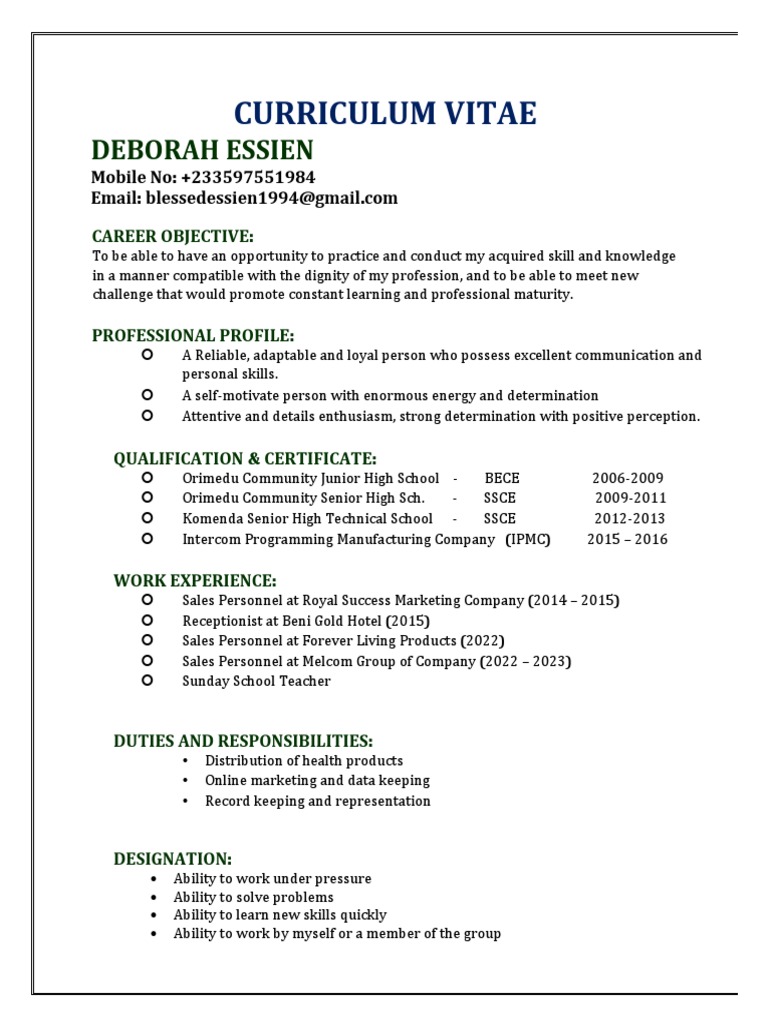 Deborah - Essien CV | PDF | Behavior Modification | Cognition