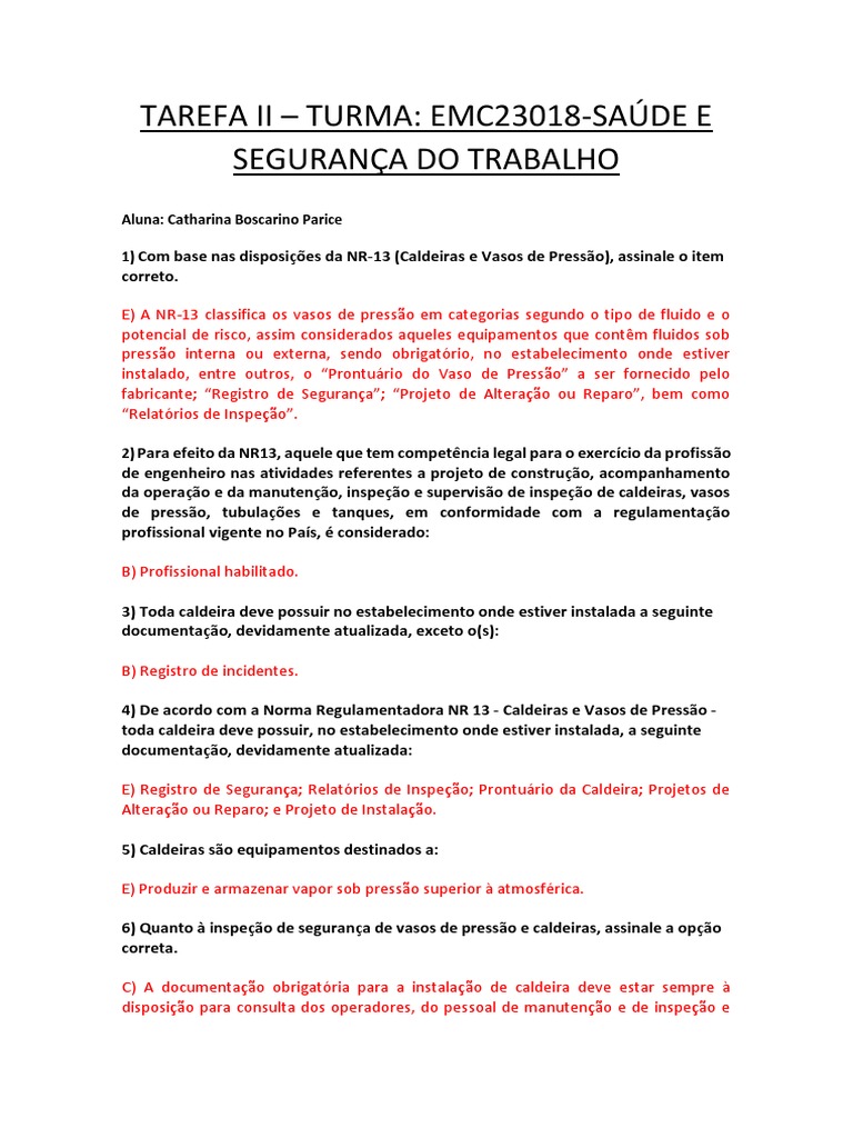 Tarefa Ii - Turma: Emc23018-Saúde E Segurança Do Trabalho: Aluna ...