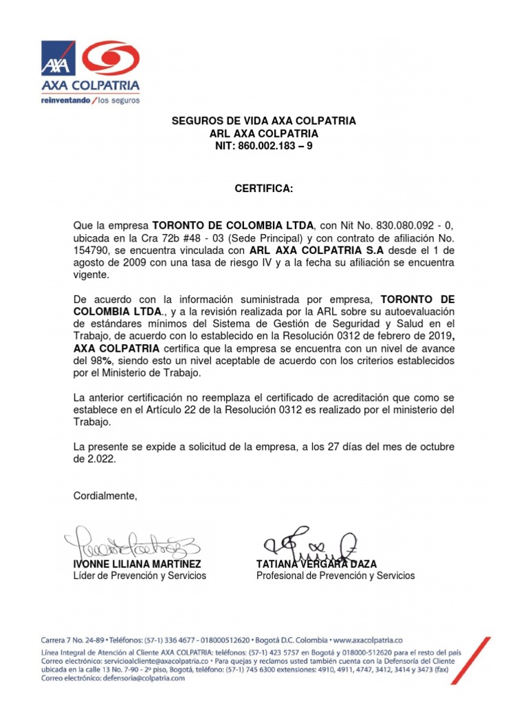 Seguros de Vida Axa Colpatria Arl Axa Colpatria NIT: 860.002.183 - 9 | PDF