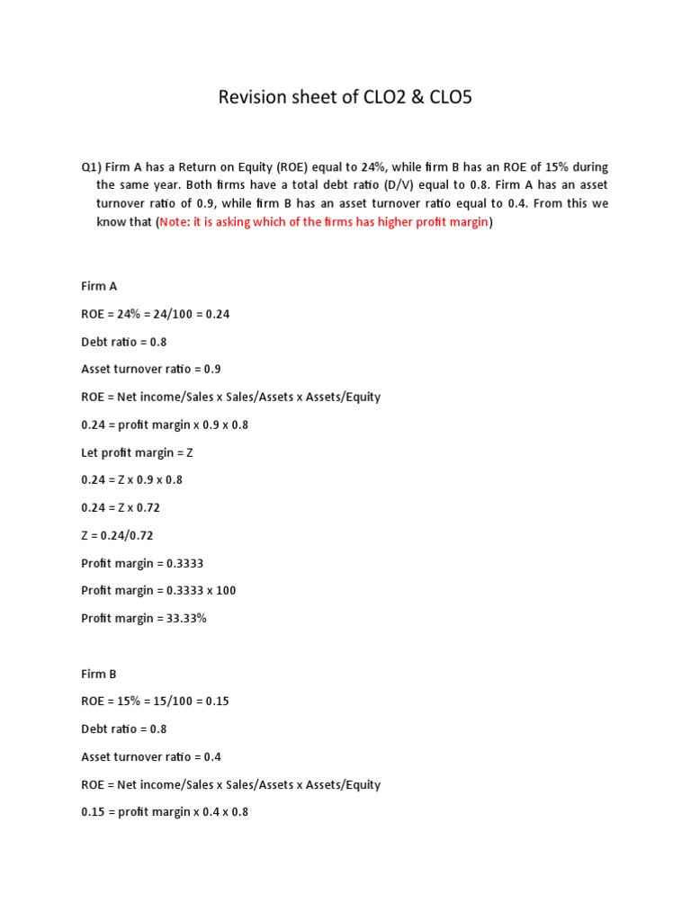 Revision Sheet of CLO2&CLO5-Answer Model | PDF | Return On Equity ...