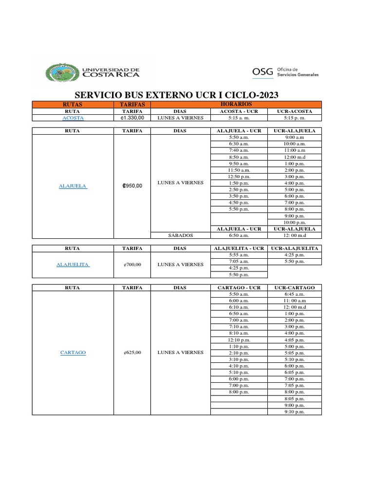 Schedule of External Bus Routes and Fares from Various Locations to the ...