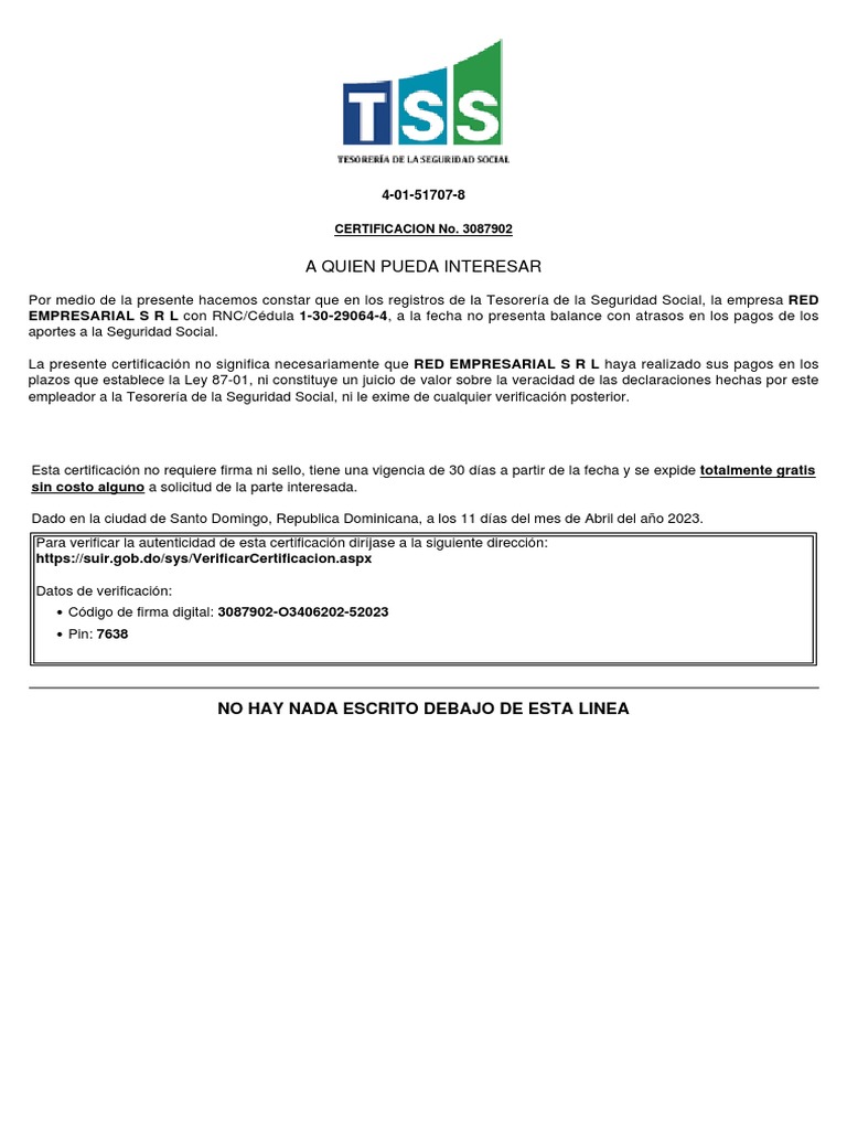 Certificación de TSS para RED EMPRESARIAL S R L | PDF | Negocios