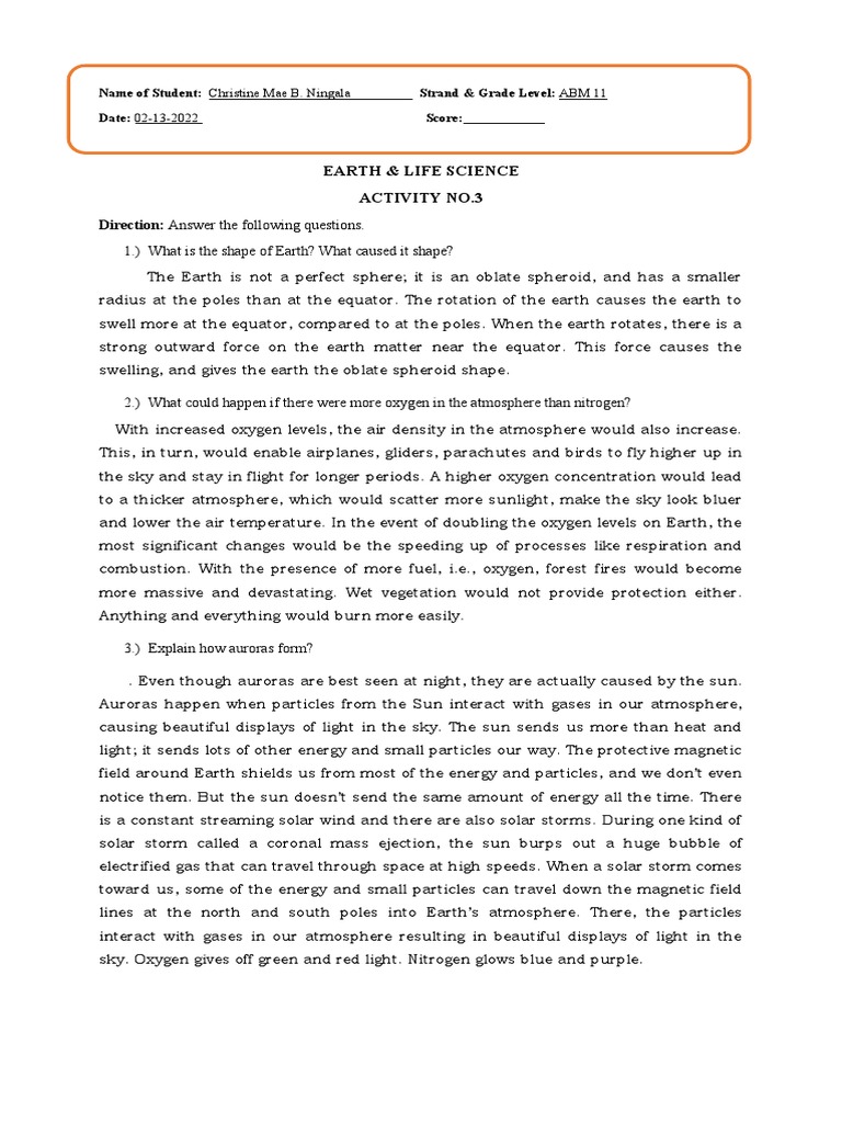 Earth & Life Science Activity No.3: Direction: Answer The Following Questions | PDF | Earth ...