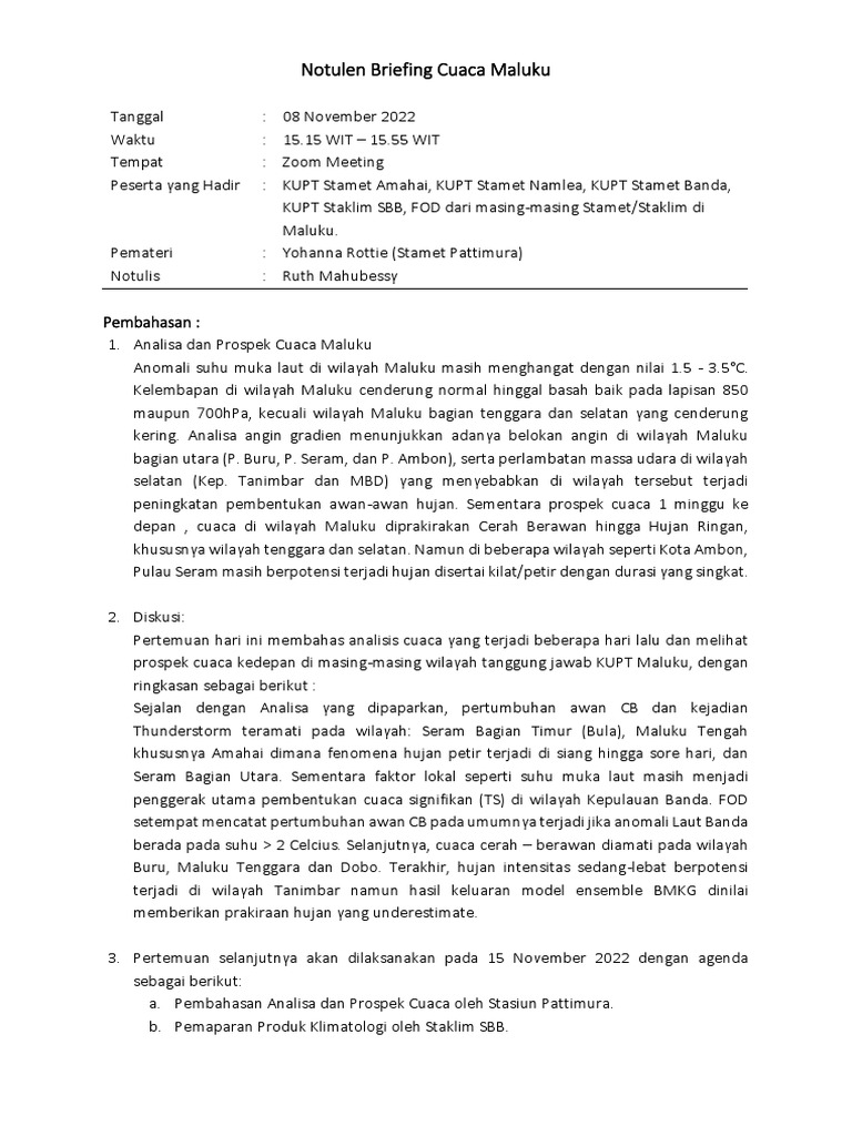 Notulen Briefing Cuaca Maluku | PDF
