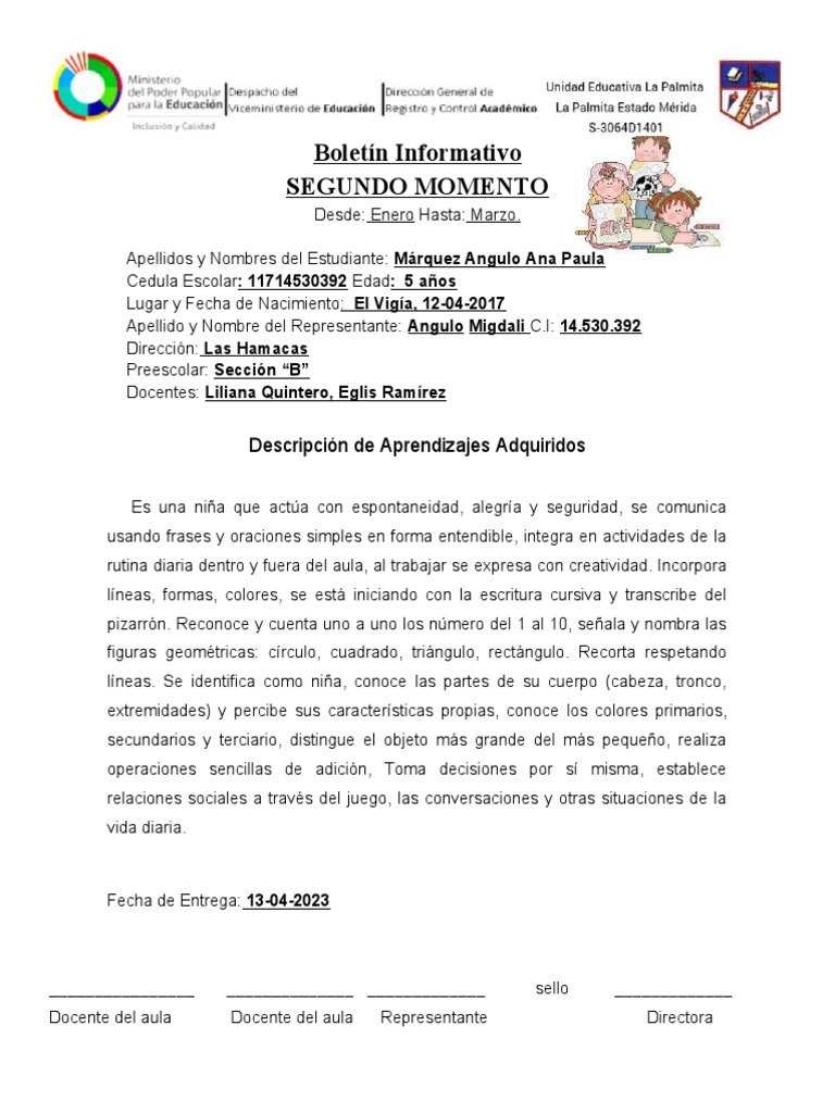 Preescolar B Boletin Informativo II Momento | PDF | Educación de la ...