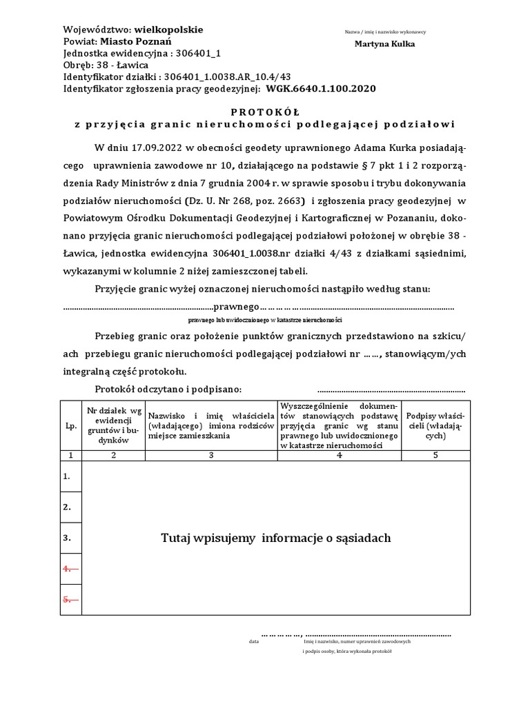 Protokół Z Przyjecia Granic Nieruchomości Podlegającej Podziałowi | PDF