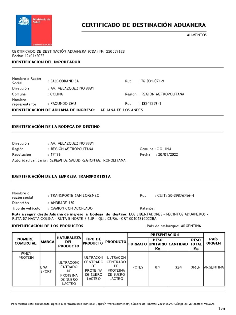 Certificado de Destinación Aduanera | PDF