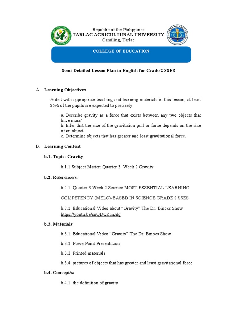 Gravity Lesson Plan for Grade 2 | PDF | Gravity | Force