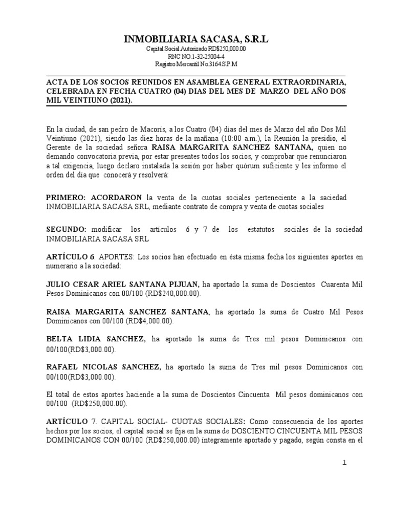 Asamblea de La Emresa Inmobiliaria Sacasa | PDF | Finanzas y dinero ...