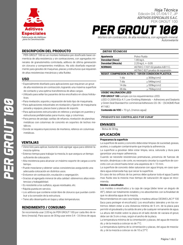 Grout 100: Mortero de Alta Resistencia | PDF | Hormigón | Agua