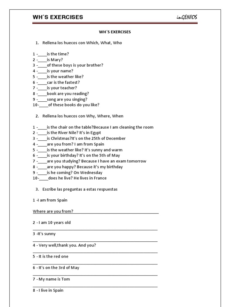 WH Questions Exercises for Students | PDF