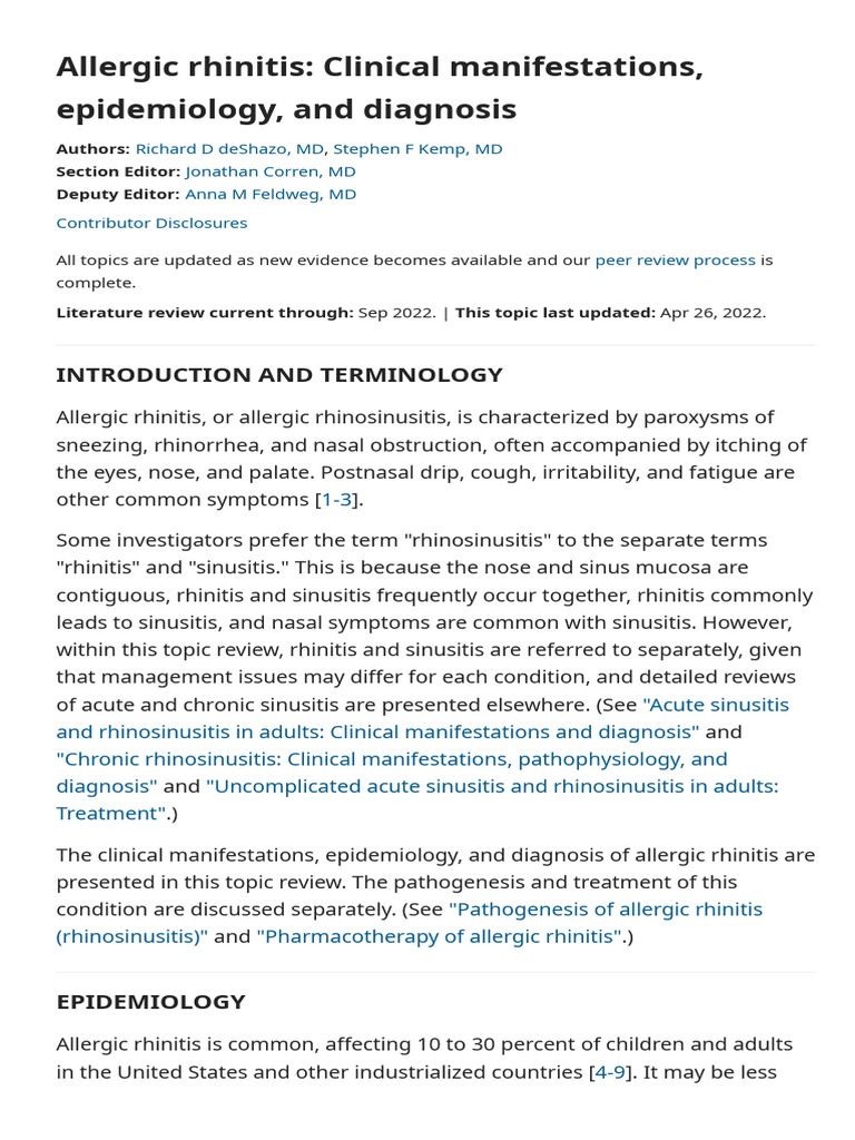 UpToDate Allergic Rhinitis - Clinical Manifestations, Epidemiology, and ...