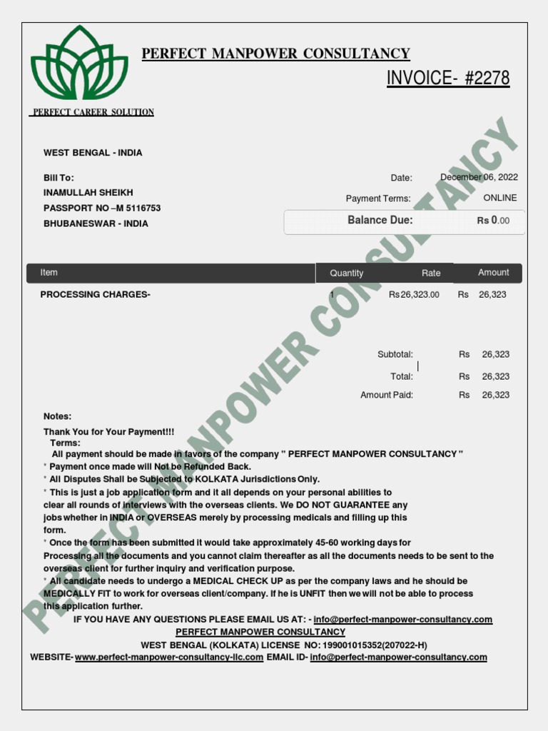 Perfect Manpower Consultancy (Invoice) of Mr. Inamullah Sheikh | PDF