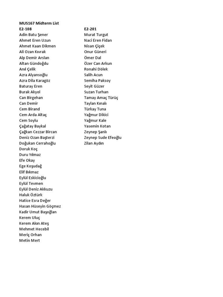 MUS167 Midterm List E2-108 E2-201 | PDF