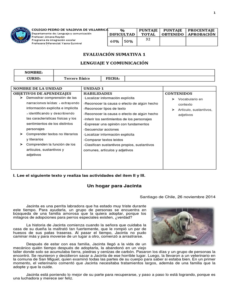 Evaluacion Sumativa N 1 3 Bísico Lenguaje Pdf Adjetivo 8790