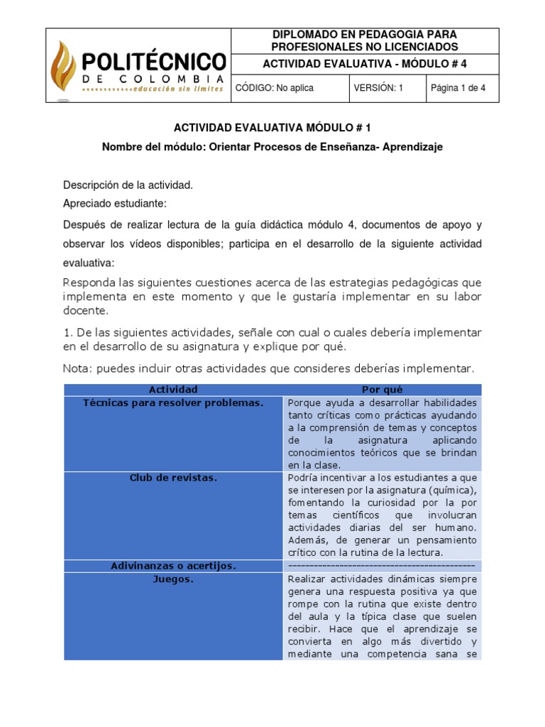 Formato Actividad Evaluativa Harold Prada | PDF | Enseñando | Aprendizaje