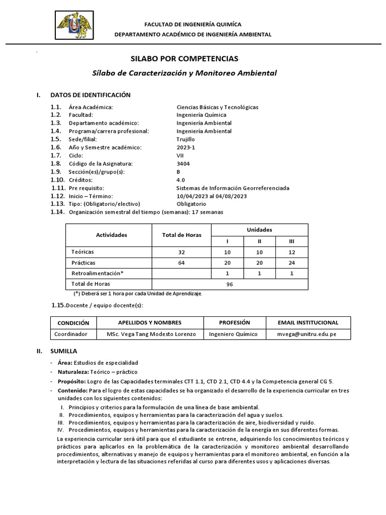 SÍLABO Caract-Monit - Amb 2023 - Trujillo | PDF | Evaluación | Laboratorios
