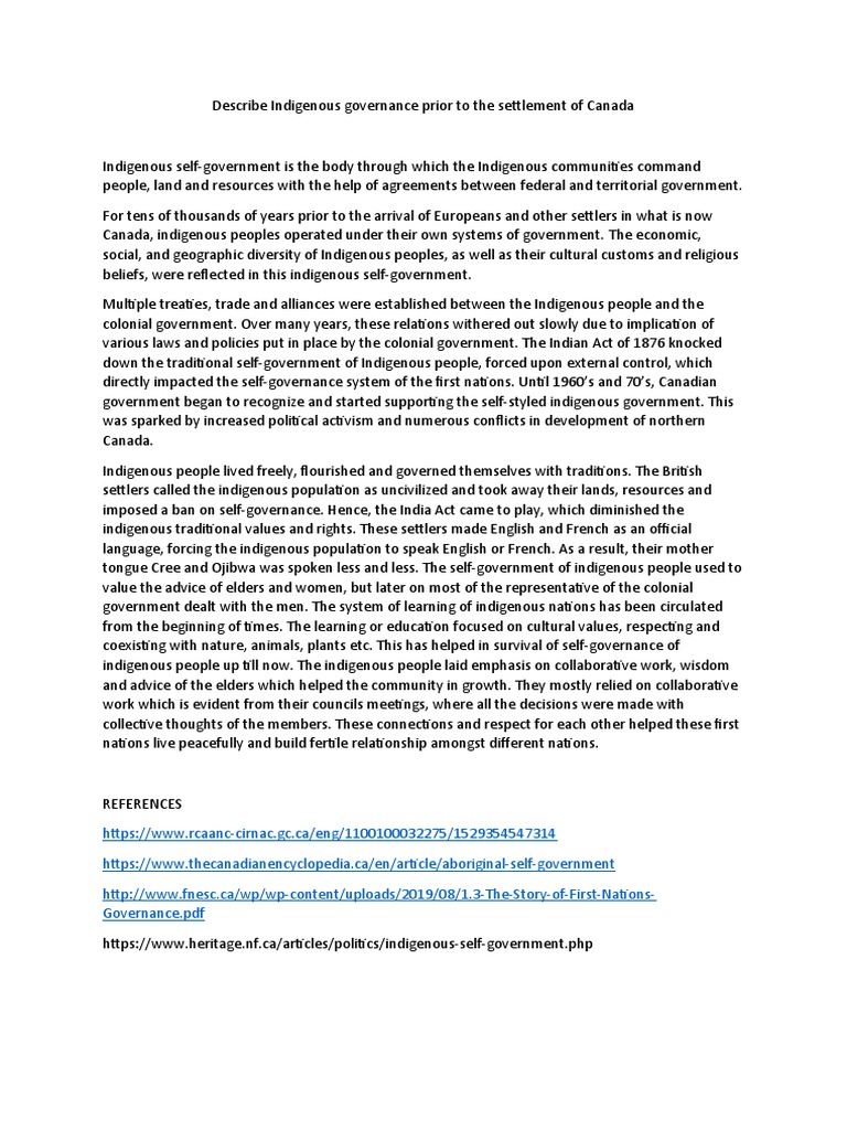 Describe Indigenous Governance Prior To The Settlement of Canada | PDF ...