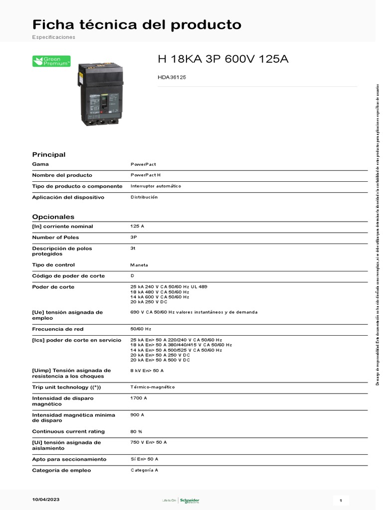 Interruptor PowerPact HDA36125 125A | PDF | Corriente eléctrica ...