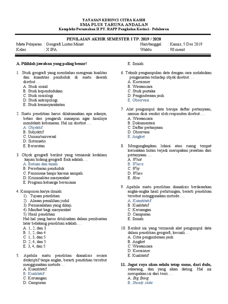 Soal PAS Geo - Lintasminat X Semester 1 - Kelas X | PDF