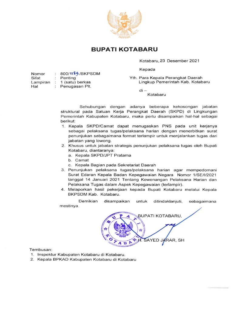 Surat Edaran BKN PLT dan PLH 2021 | PDF