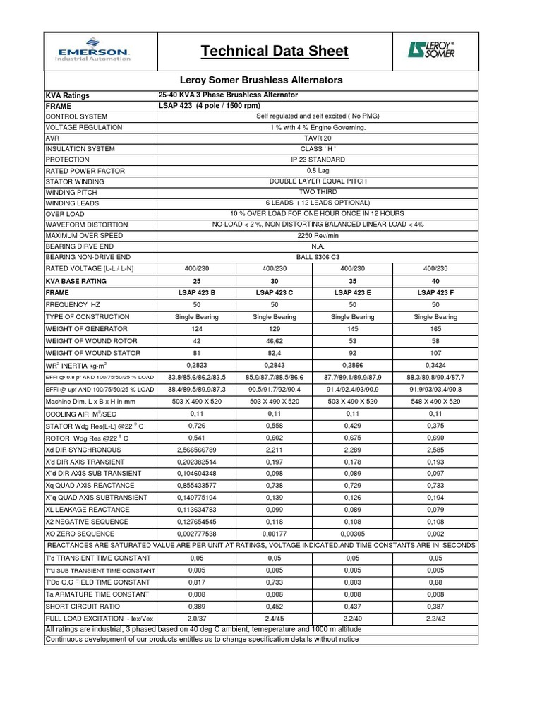 LSAP 423 Tech Data 25kVA-40KVA - 3PH 400V | PDF | Electrical ...