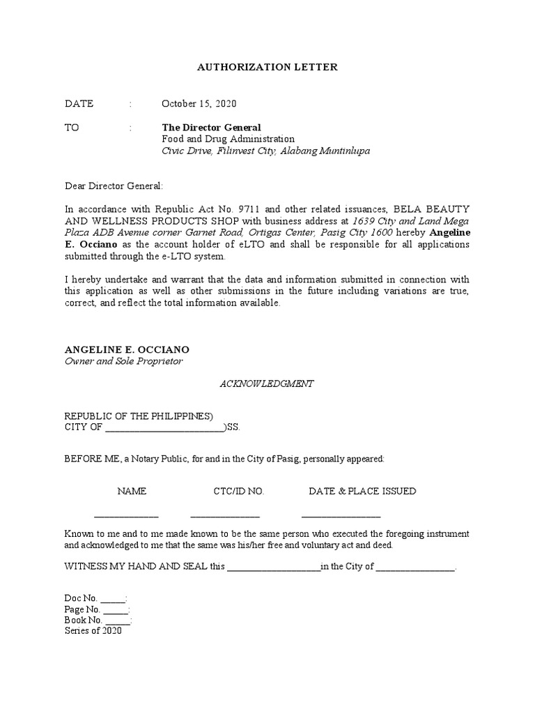 FDA Auth Letter eLTO Template | PDF