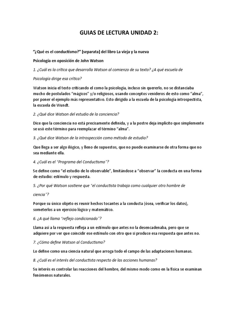 Guias de Lectura Unidad 2 | PDF | Behaviorismo | Sicología