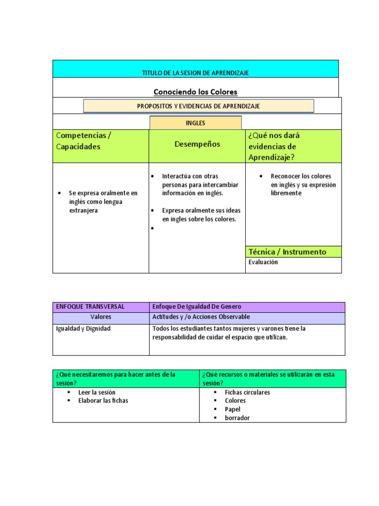 Sesion de Aprendizaje - Colores. | PDF | Aprendizaje | Modificación de comportamiento
