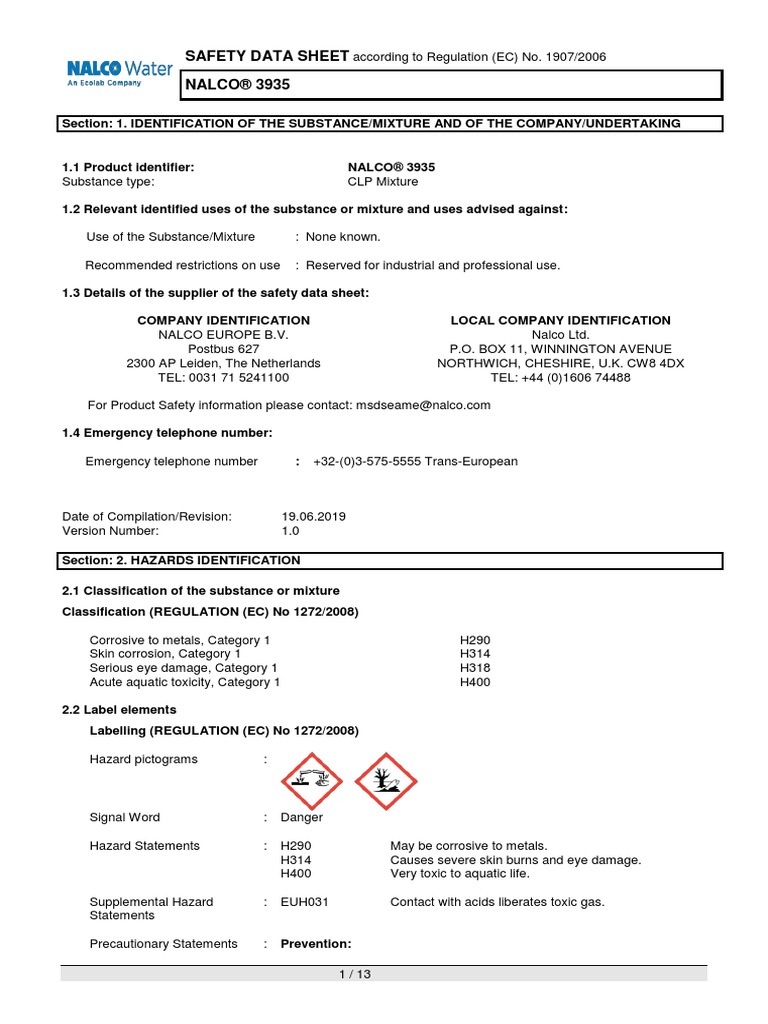 Safety Data Sheet NALCO® 3935 | PDF | Waste | Dangerous Goods