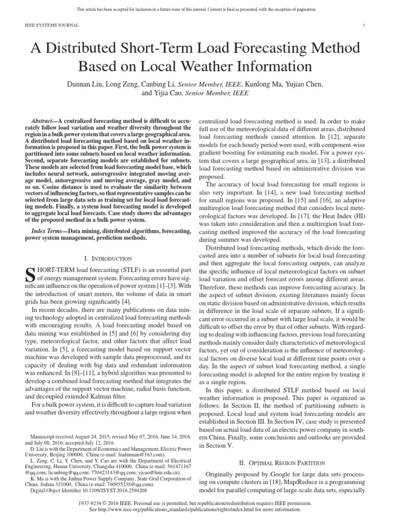 A Distributed Short Term Load Forecasting Method Based On Local Weather Information Pdf