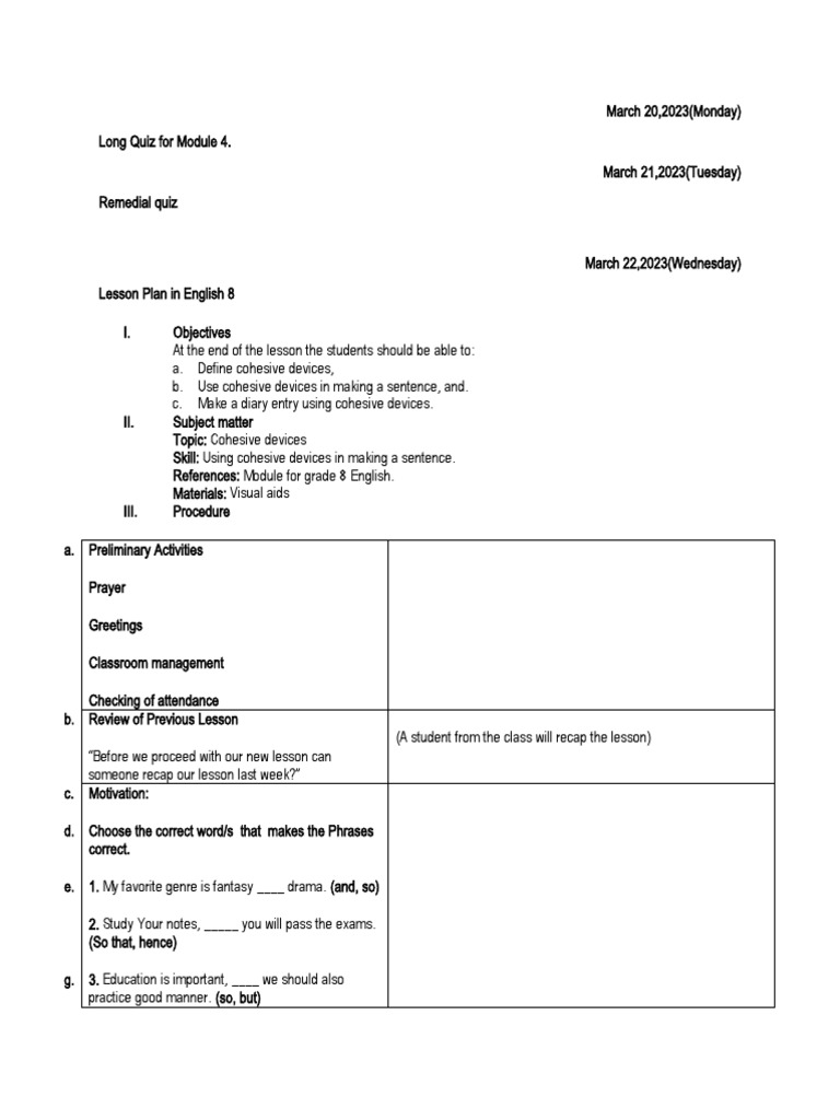 Cohesive Devices Lesson Plan | PDF | English Language | Pronoun