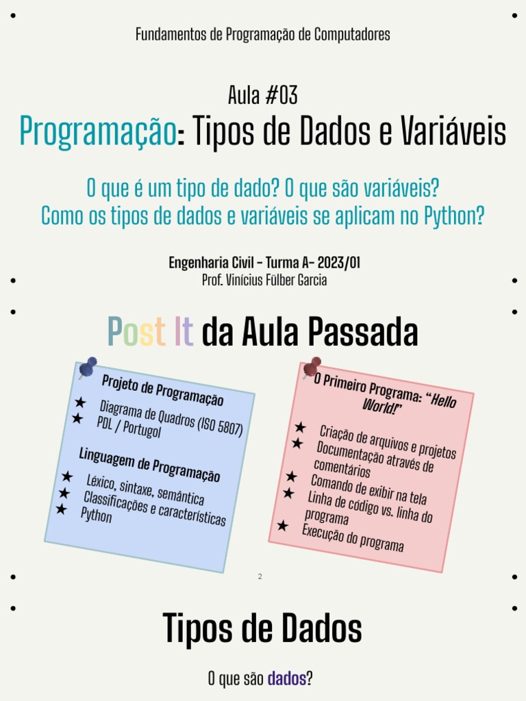 Aula #03 - Programação - Tipos de Dados e Variáveis | PDF | Tipo de ...