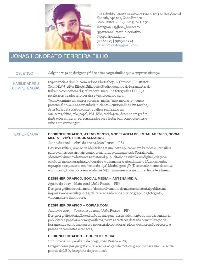 Curriculo - Jonas Honorato | PDF | Imagem | Visão