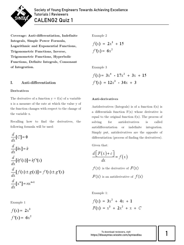 CALENG2 Quiz 1: FX X FX X | PDF | Integral | Function (Mathematics)