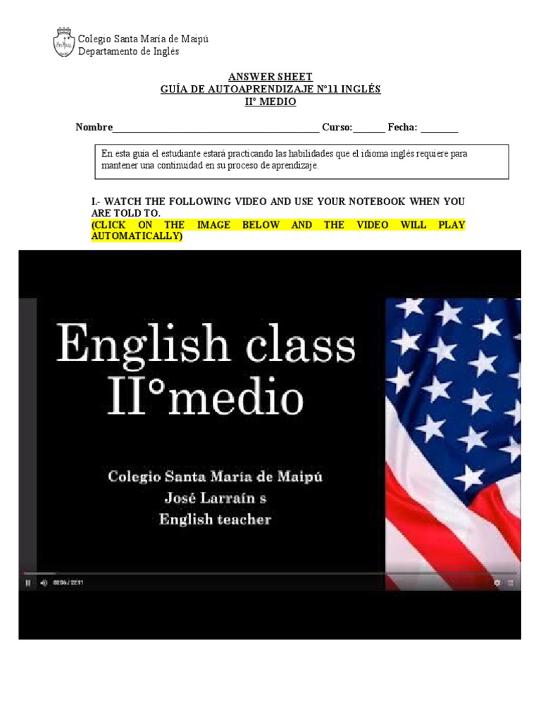 Answewr-Sheet-Inglés-Ii°-Guia-De-Autoaprendizaje-Nº11 2 | PDF