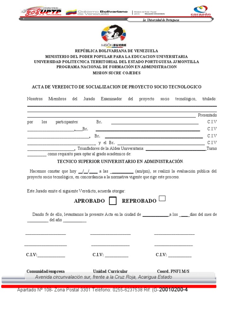 ACTA DE VEREDICTO DE SOCIALIZACION DE PROYECTO SOCIO TECNOLOGICO Administracion | PDF | Etapas ...