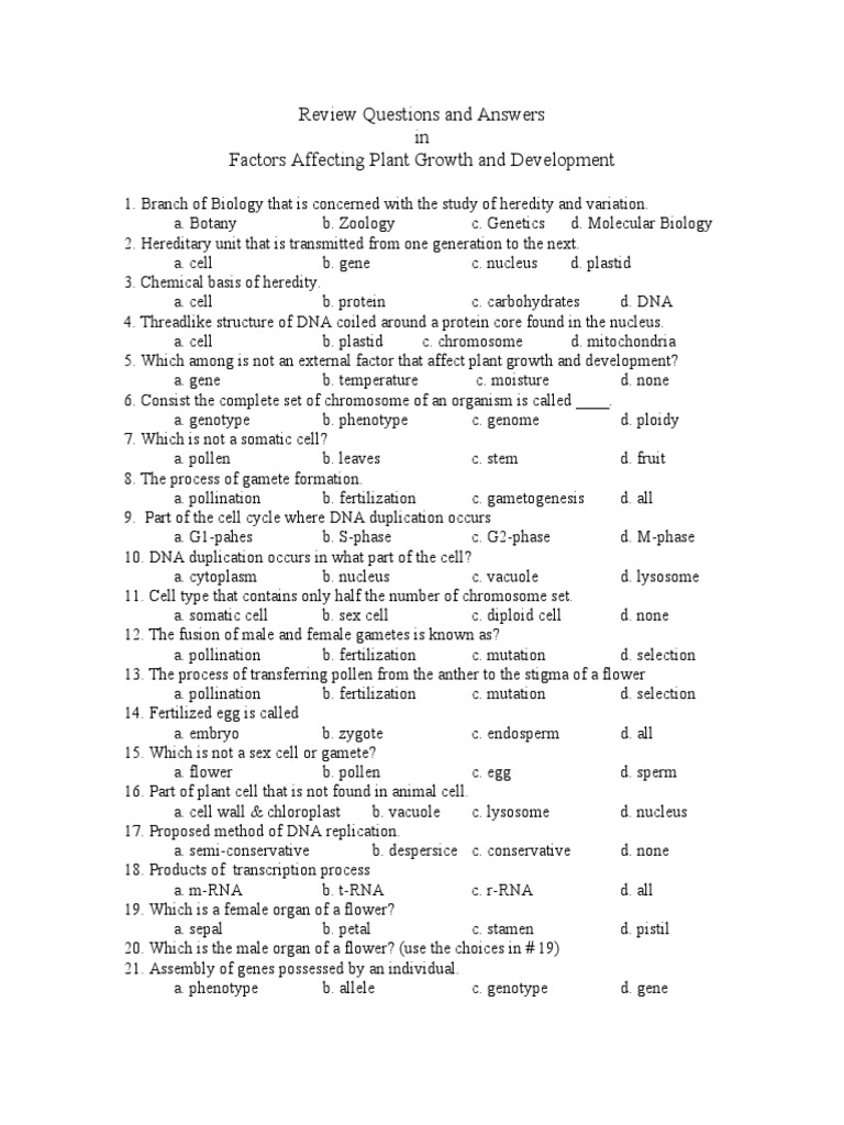 Questions For Factors Affecting Plant Growth and Development | PDF ...