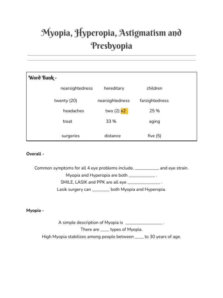 Myopia, Hyperopia, Astigmatism and Presbyopia Worksheet | PDF