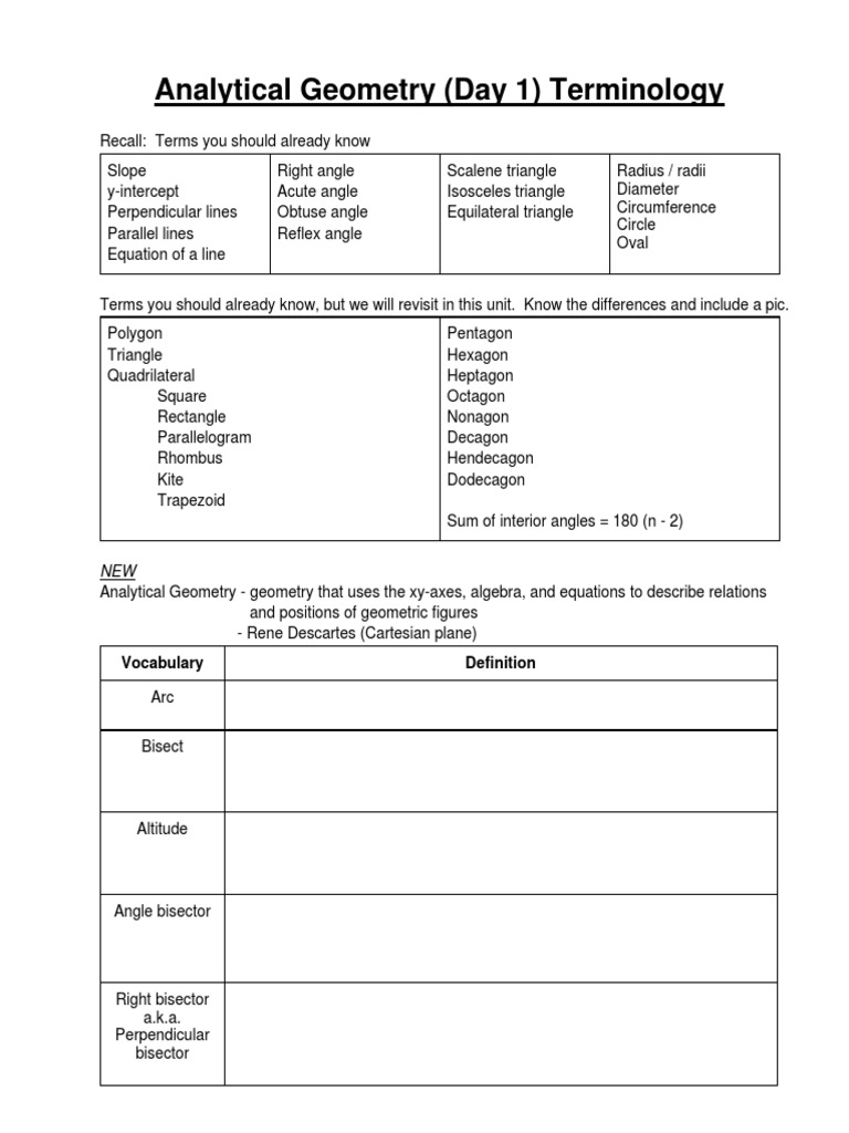 1 - Analytical Geometry (Day 1) Terminology | PDF