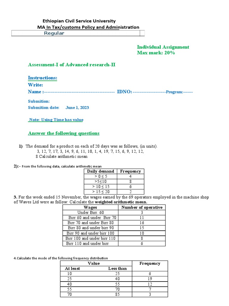 Assignment-I Edited | PDF | Mode (Statistics) | Mean