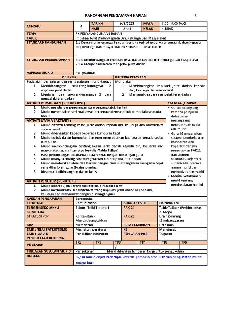 Rancangan Pengajaran Harian: Merangsang Pengetahuan Sedia Ada Murid | PDF