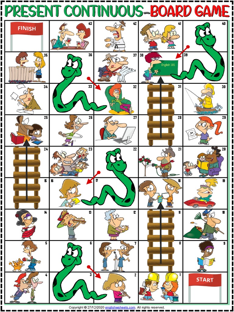 Present Continuous Tense Esl Printable Snakes and Ladders Game For Kids ...